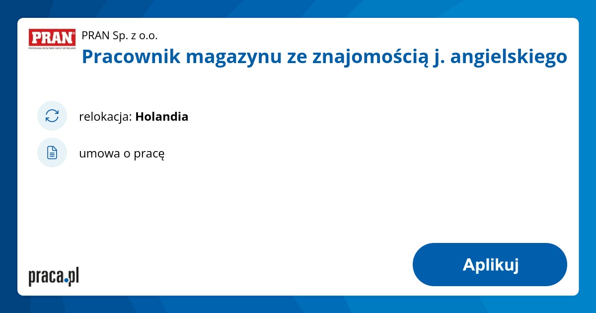 Archiwalna oferta nr 10015726, Pracownik magazynu ze znajomością j ...