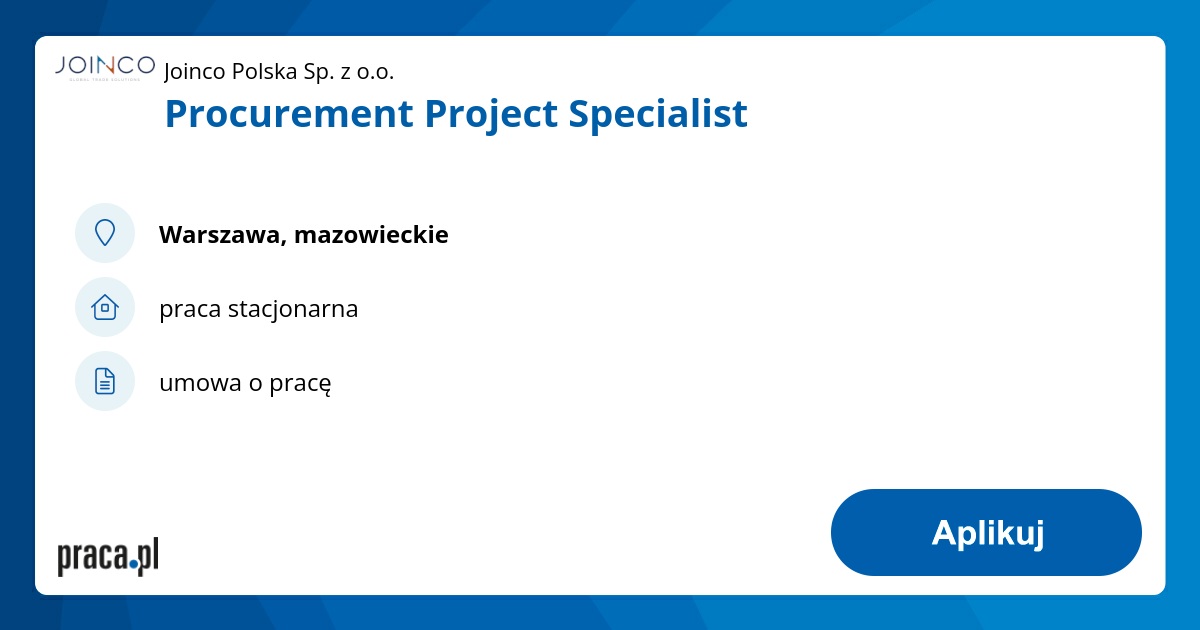 Archiwalna oferta nr 10080724, Procurement Project Specialist, Warszawa ...