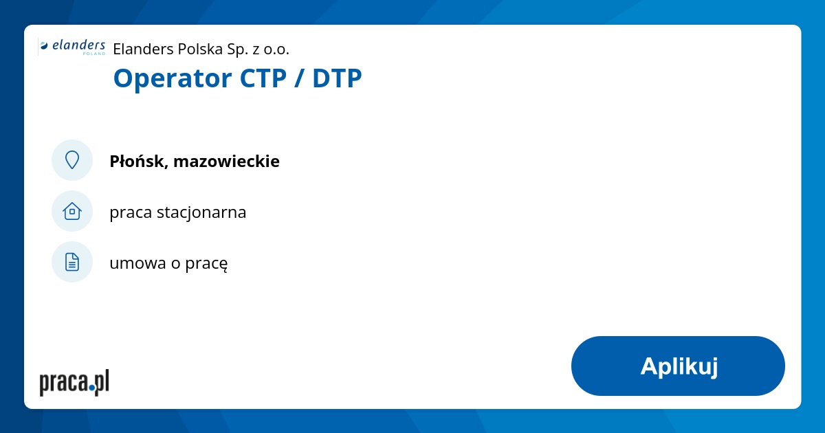 Archiwalna oferta nr 10089103, Operator CTP / DTP, Płońsk, Elanders ...