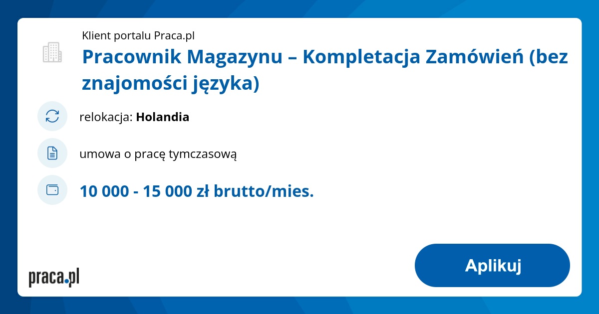 Archiwalna oferta nr 10129715, Pracownik Magazynu – Kompletacja Zamówień (bez znajomości języka ...