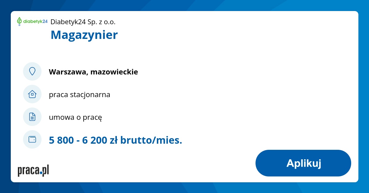 Archiwalna oferta nr 10155830, Magazynier, Warszawa, Diabetyk24 Sp. z o ...