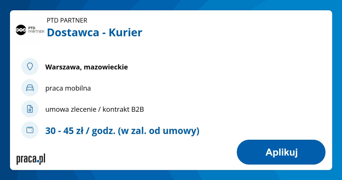Archiwalna oferta nr 10212215, Dostawca - Kurier, Warszawa, PTD PARTNER - oferty pracy
