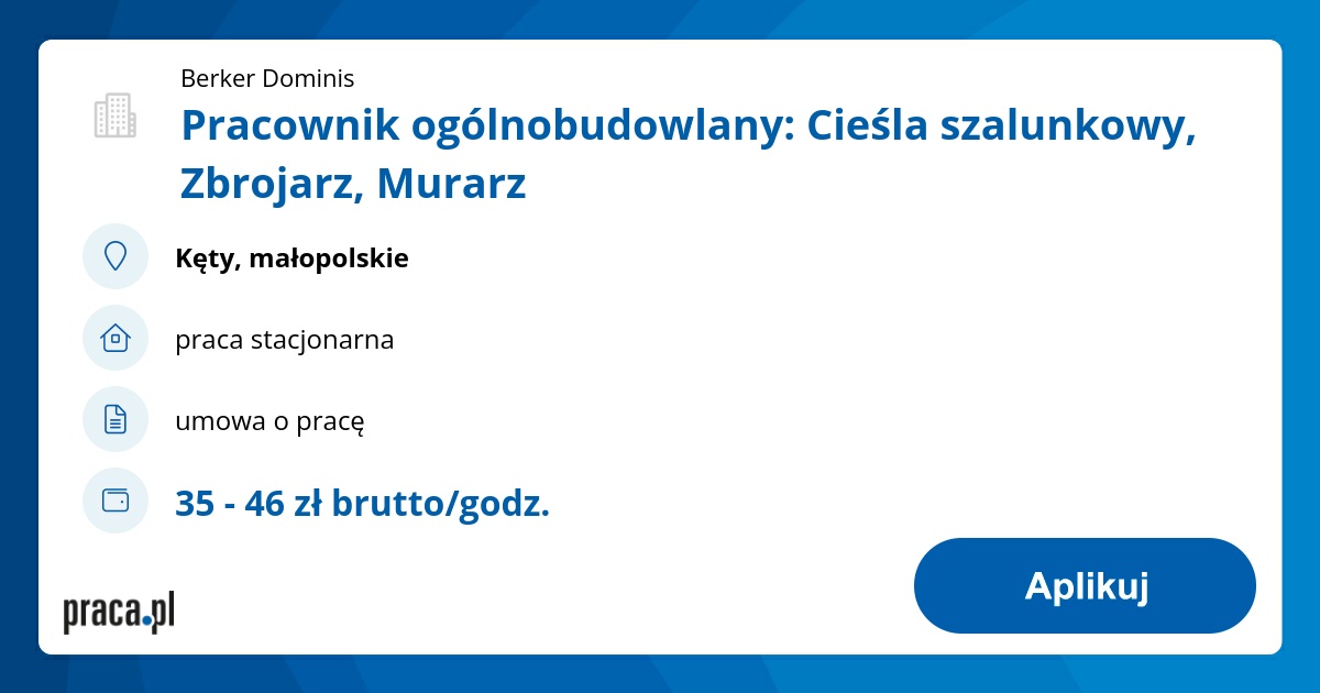 Praca Pracownik ogólnobudowlany: Cieśla szalunkowy, Zbrojarz, Murarz ...