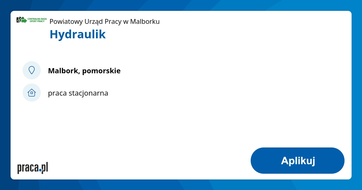 Praca Hydraulik, Malbork, Powiatowy Urząd Pracy w Malborku - oferty pracy