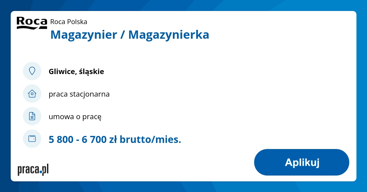 Archiwalna oferta nr 10565582, Magazynier / Magazynierka, Gliwice, Roca ...
