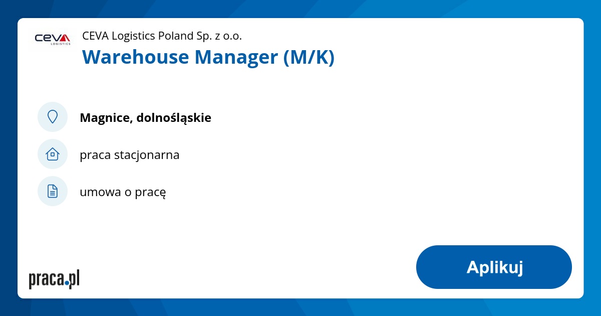 Archiwalna oferta nr 10695302, Warehouse Manager (M/K), Magnice, CEVA ...