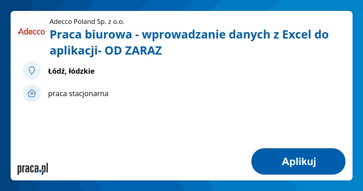 Archiwalna oferta nr 1461116, Praca biurowa - wprowadzanie danych z Excel do aplikacji- OD ZARAZ ...