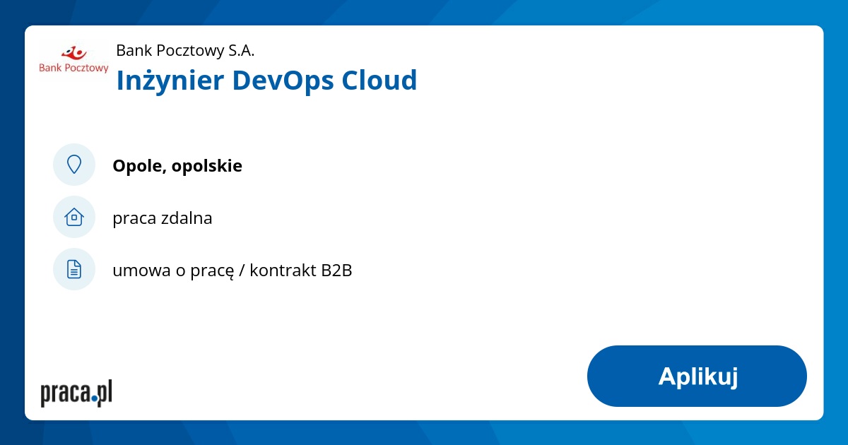 Archiwalna oferta nr 7743804, Inżynier DevOps Cloud, Opole, Bank Pocztowy S.A. - oferty pracy