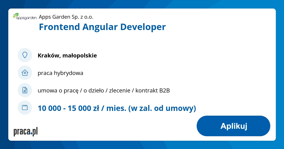 Archiwalna oferta nr 7783353, Frontend Angular Developer, Kraków, Apps Garden Sp. z o.o ...