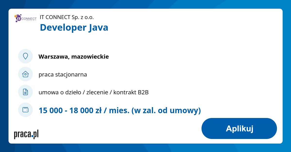 Archiwalna oferta nr 7807740, Developer Java, Warszawa, IT CONNECT Sp ...