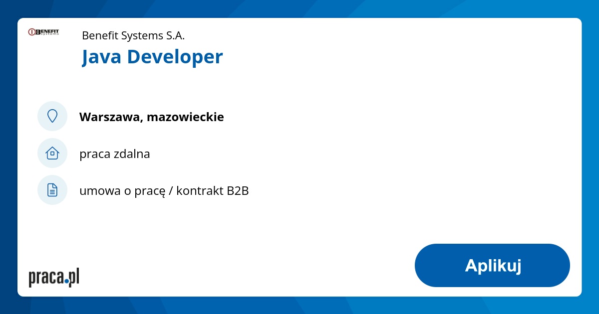 Archiwalna oferta nr 7850223, Java Developer, Warszawa, Benefit Systems S.A. - oferty pracy