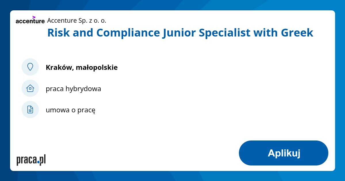 Archiwalna oferta nr 7879104, Risk and Compliance Junior Specialist with Greek, Kraków ...