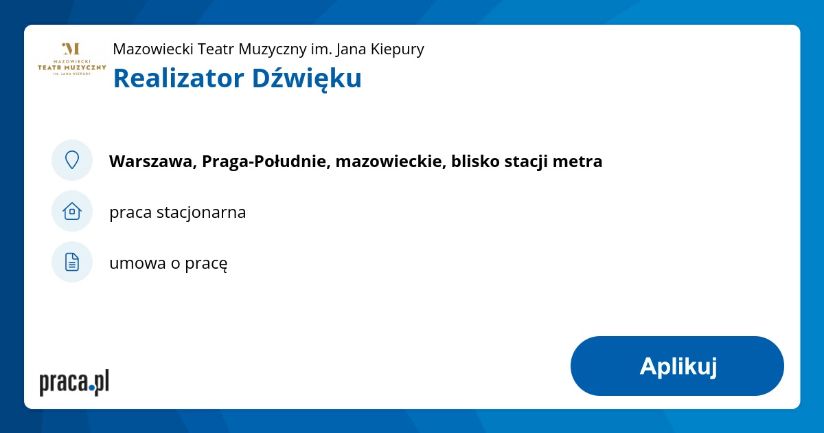 Archiwalna oferta nr 8640068, Realizator Dźwięku, Warszawa-Praga ...