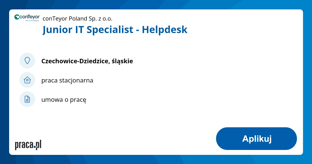 Archiwalna oferta nr 8687656, Junior IT Specialist - Helpdesk, Czechowice-Dziedzice, conTeyor ...