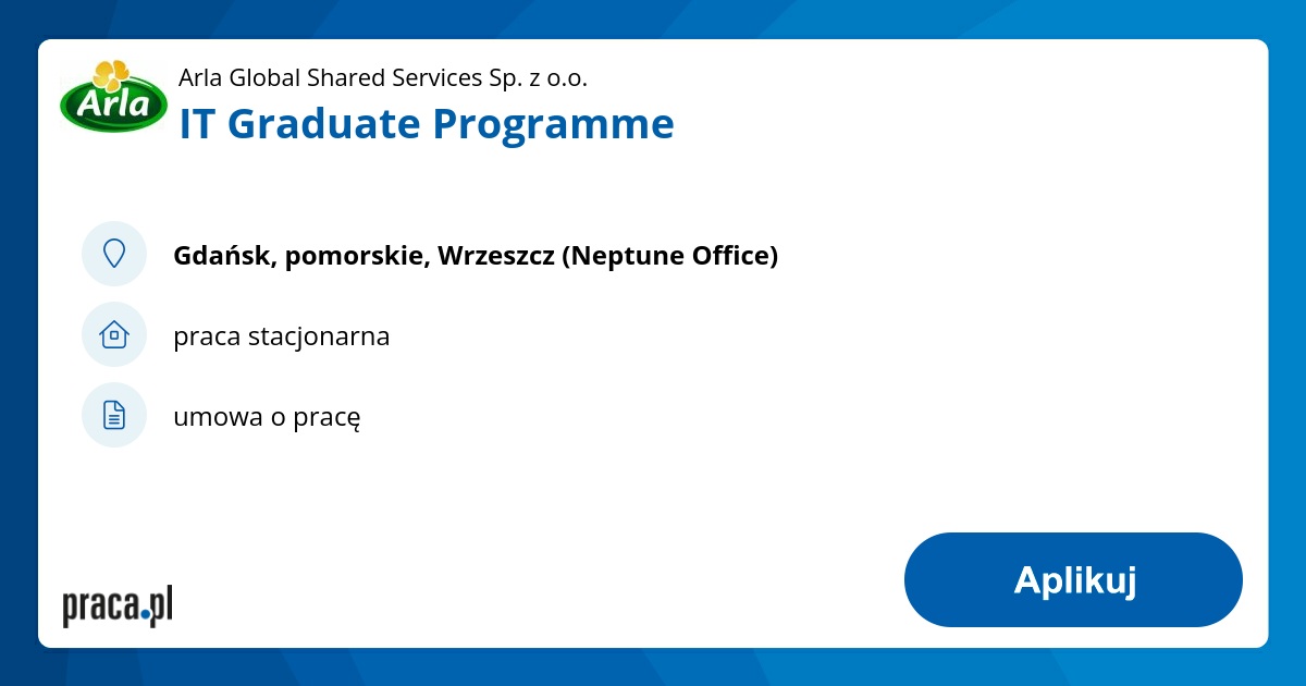 Archiwalna oferta nr 8698279, IT Graduate Programme, Gdańsk, Arla ...