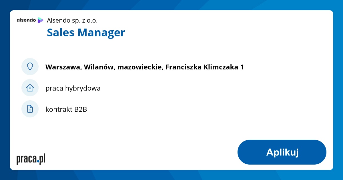 Archiwalna oferta nr 8747077, Sales Manager, Warszawa-Wilanów, Alsendo ...
