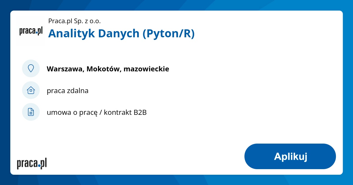Archiwalna oferta nr 8779825, Analityk Danych (Pyton/R), Warszawa-Mokotów, Praca.pl Sp. z o.o ...