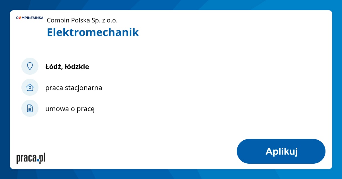 Archiwalna oferta nr 8835298, Elektromechanik, Łódź, Compin Polska Sp ...
