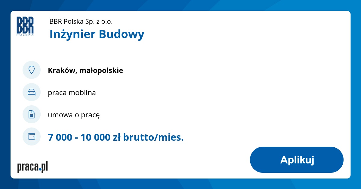Archiwalna oferta nr 9208375, Inżynier Budowy, Kraków, BBR Polska Sp. z o.o. - oferty pracy