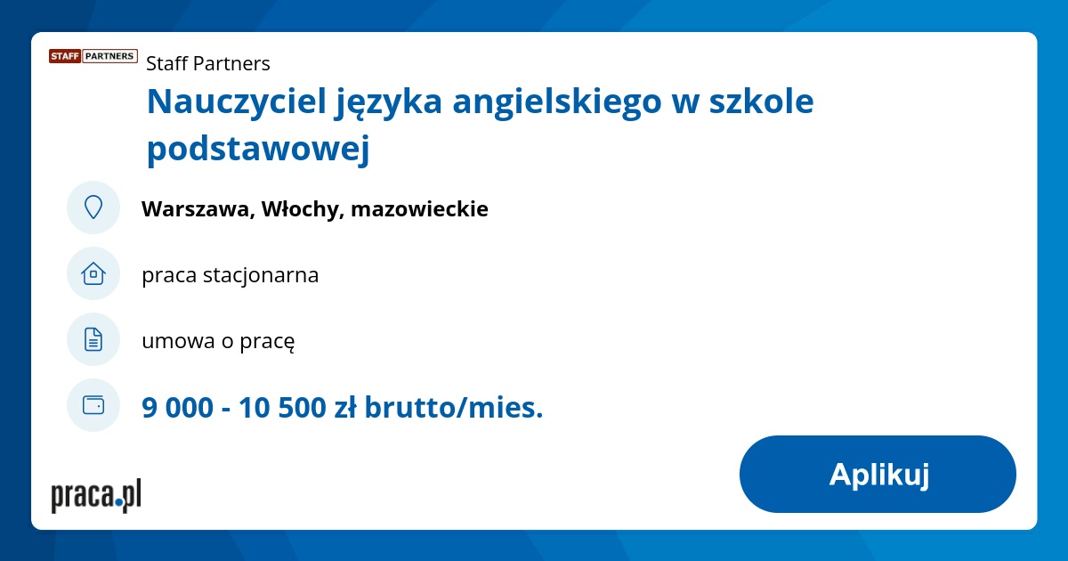 Archiwalna oferta nr 9453907, Nauczyciel języka angielskiego w szkole podstawowej, Warszawa ...