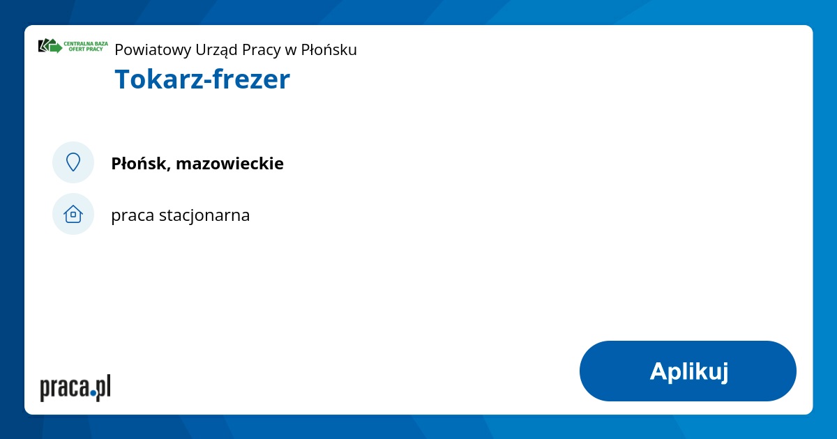Praca Tokarz-frezer, Płońsk, Powiatowy Urząd Pracy w Płońsku - oferty pracy