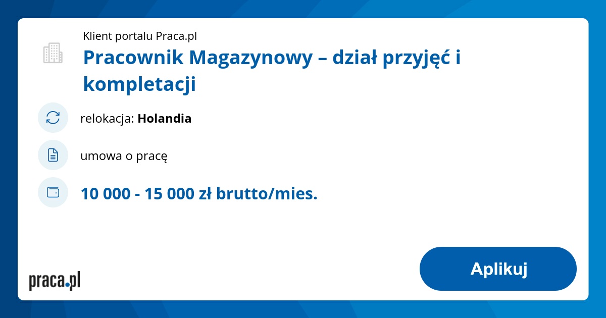 Archiwalna oferta nr 9875200, Pracownik Magazynowy – dział przyjęć i ...