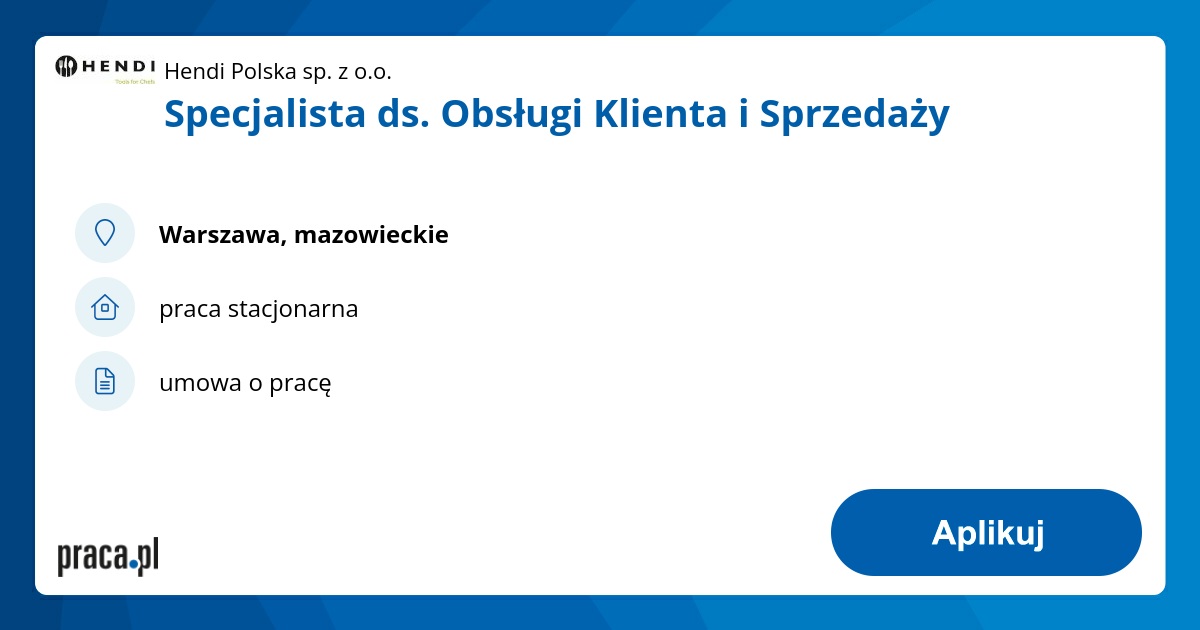 Praca Specjalista ds. Obsługi Klienta i Sprzedaży, Warszawa, Hendi Polska sp. z o.o. - oferty pracy